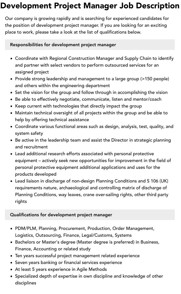 Development Project Manager Job Description Velvet Jobs
