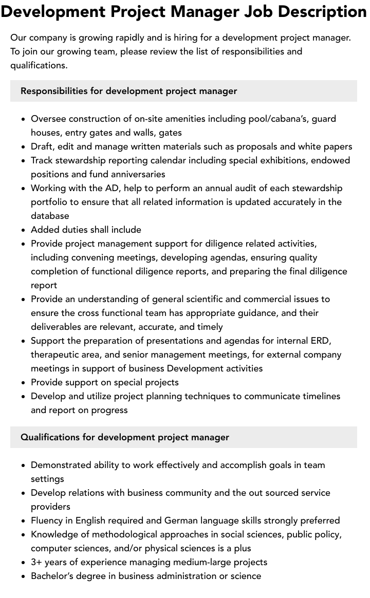 Development Project Manager Job Description Velvet Jobs