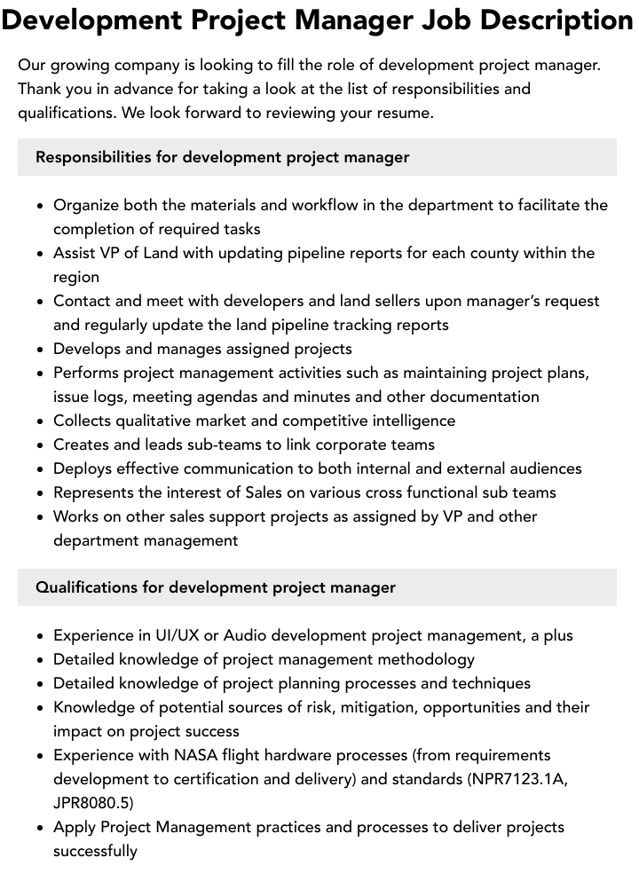 Development Project Manager Job Description Velvet Jobs