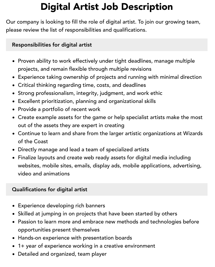 Digital Artist Job Description Velvet Jobs