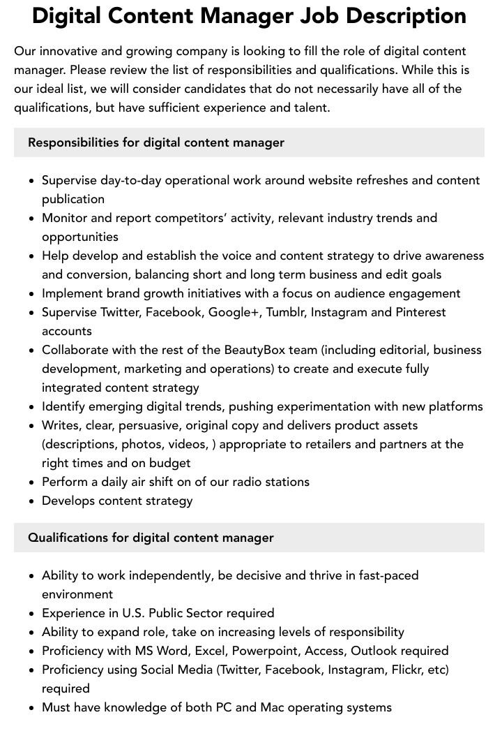 Digital Content Manager Job Description Velvet Jobs
