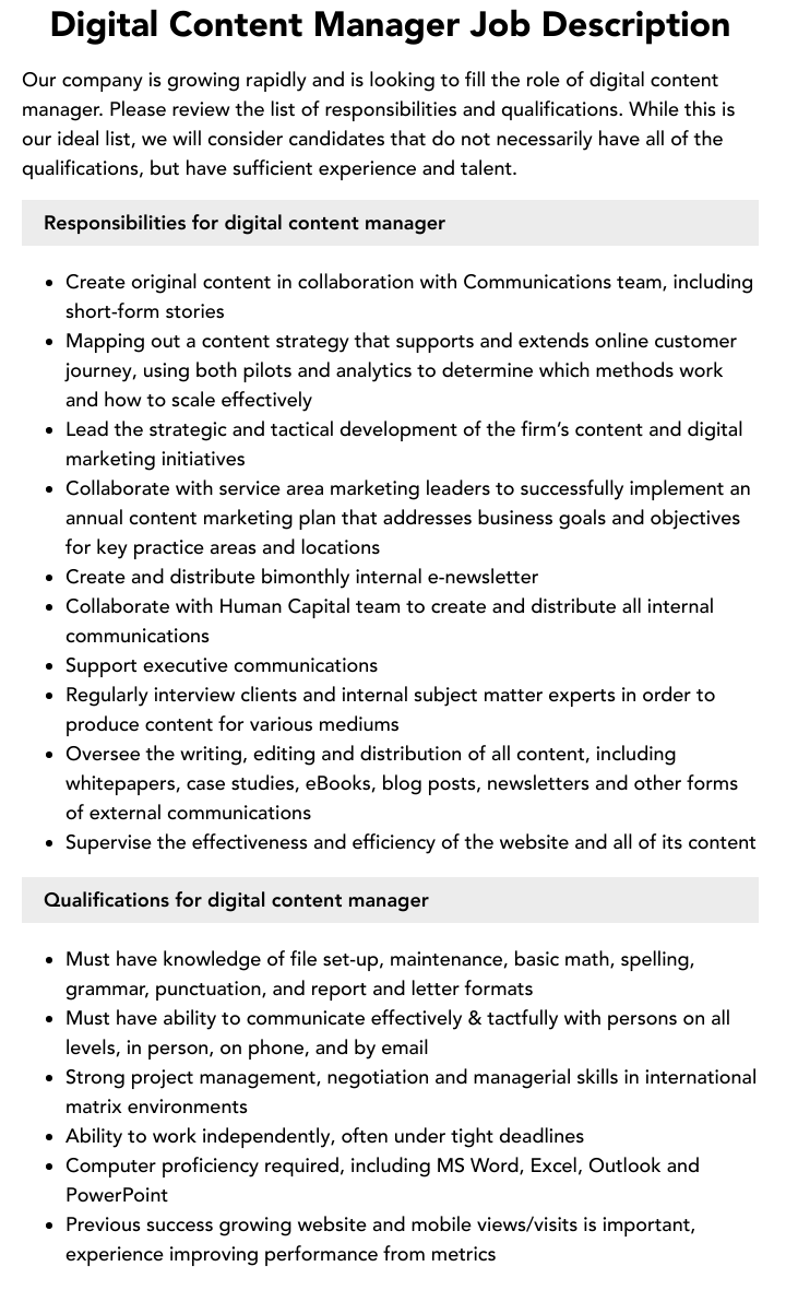 Digital Content Manager Job Description Velvet Jobs