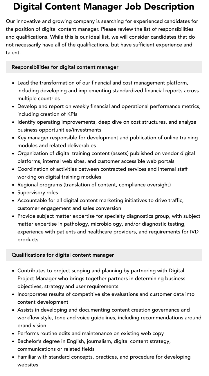 Digital Content Manager Job Description Velvet Jobs