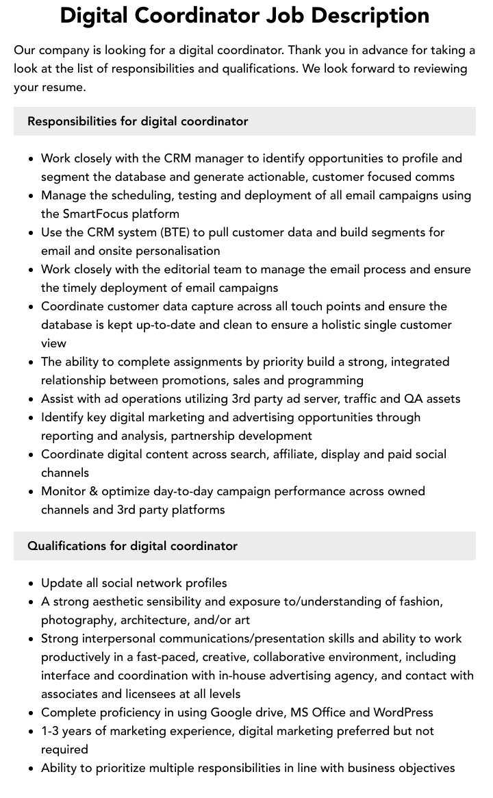 Digital Coordinator Job Description Velvet Jobs Digital Coordinator Job Description Velvet Jobs