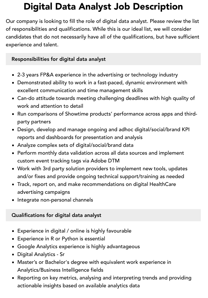 Digital Data Analyst Job Description Velvet Jobs Digital Data Analyst Job Description Velvet Jobs