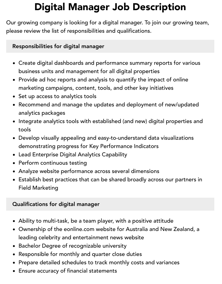 Digital Manager Job Description Velvet Jobs Digital Manager Job Description Velvet Jobs