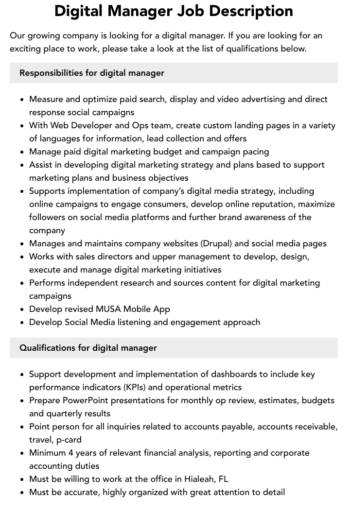 Digital Manager Job Description Velvet Jobs Digital Manager Job Description Velvet Jobs