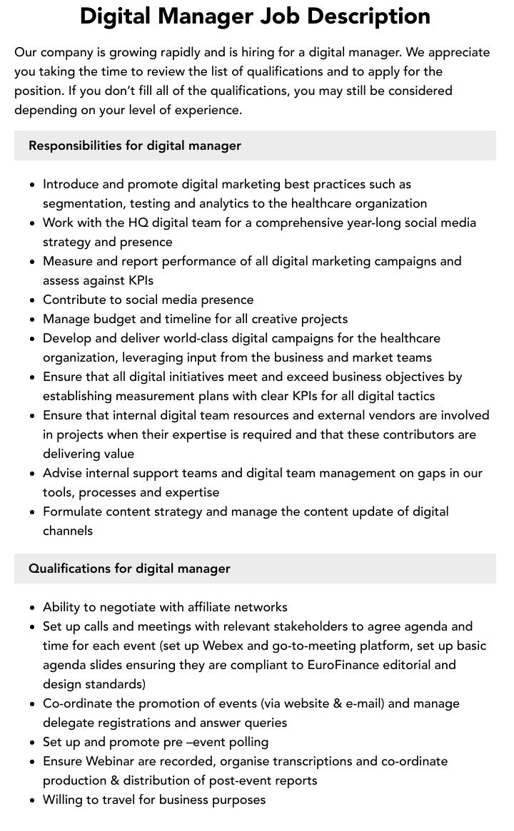 Digital Manager Job Description Velvet Jobs Digital Manager Job Description Velvet Jobs