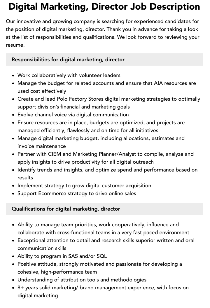 Digital Marketing Director Job Description Velvet Jobs