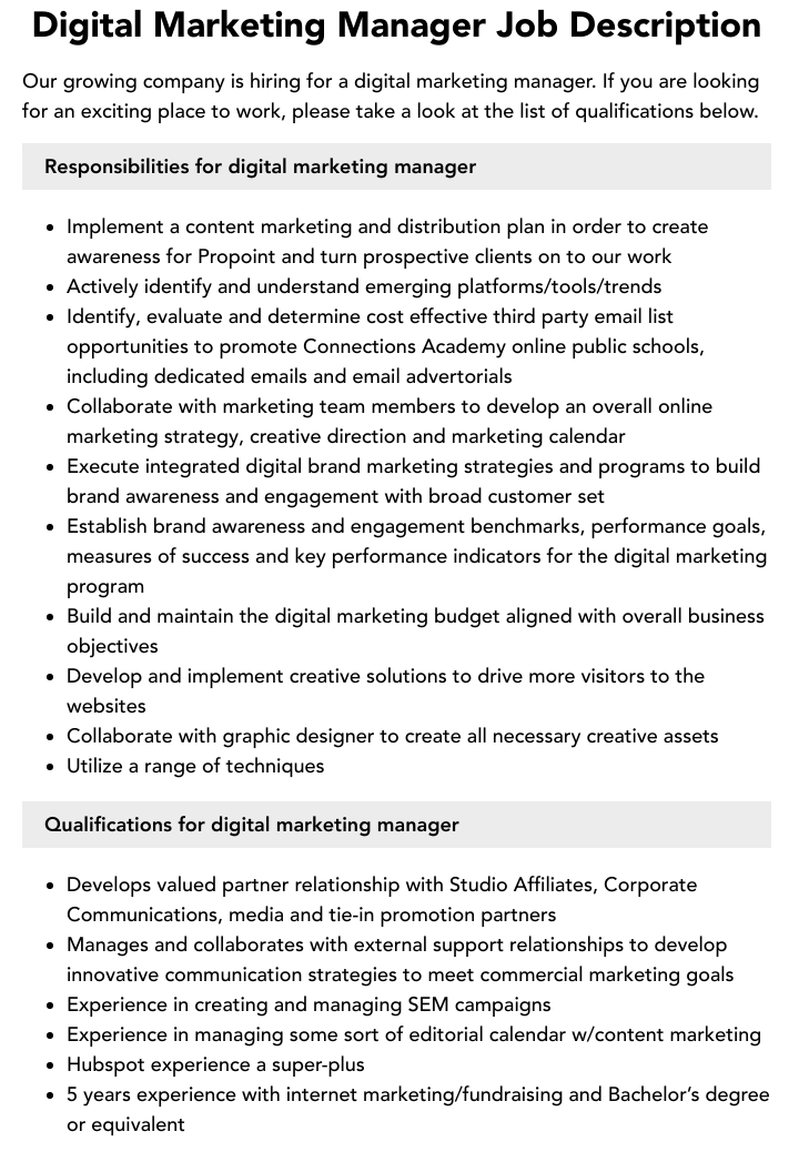 Digital Marketing Manager Job Description Velvet Jobs