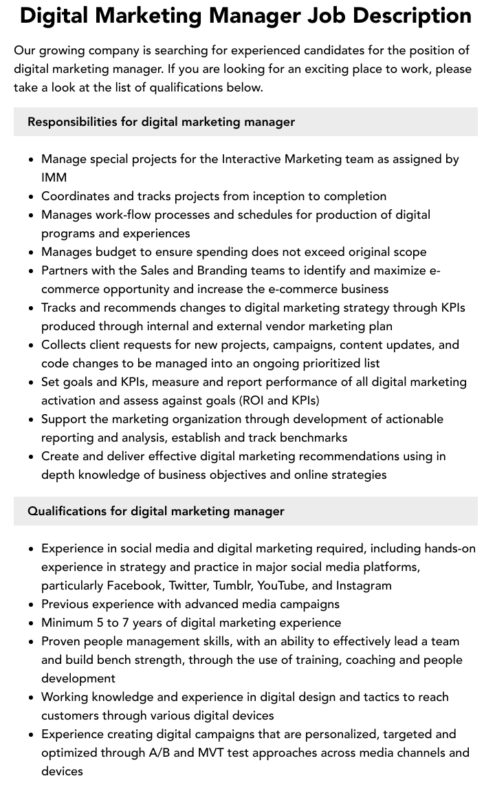 Digital Marketing Manager Job Description Velvet Jobs