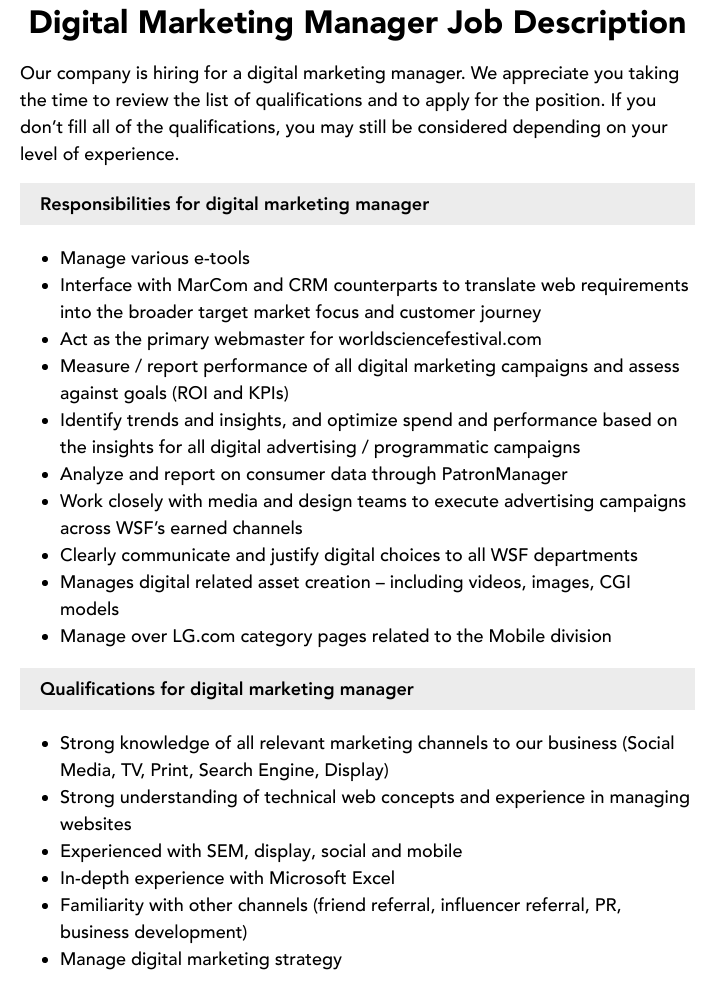 Digital Marketing Manager Job Description Velvet Jobs
