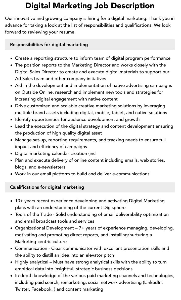 Digital Marketing Job Description Velvet Jobs