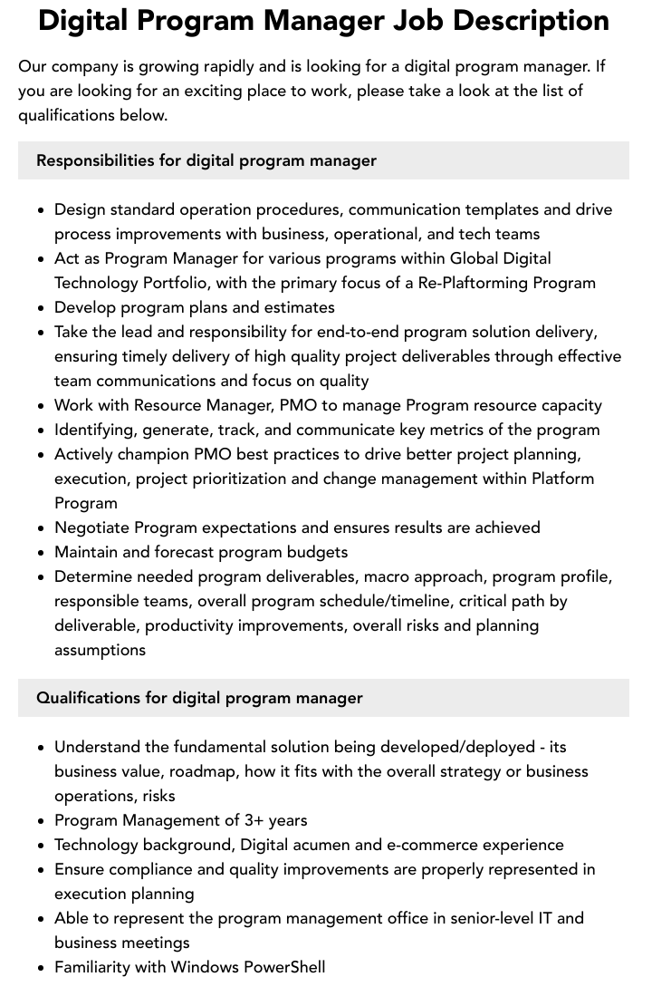 Digital Program Manager Job Description Velvet Jobs