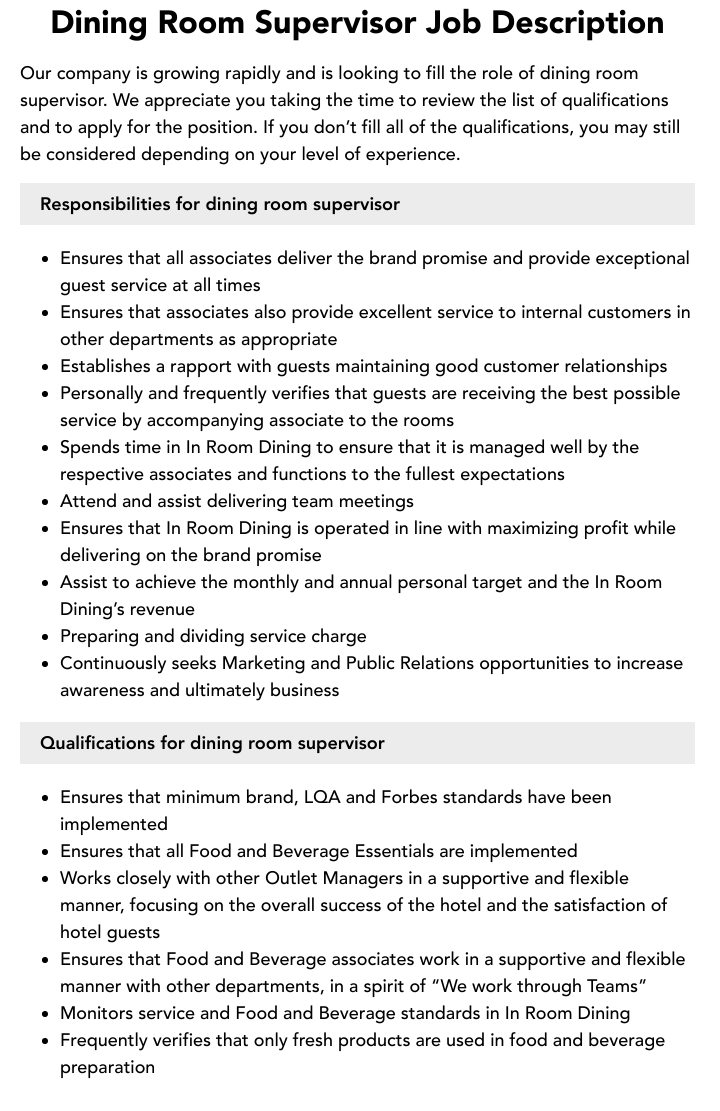 Dining Room Supervisor Job Description Velvet Jobs