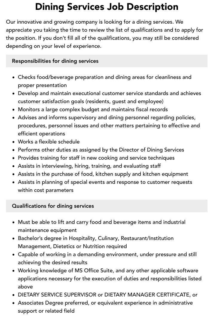 Dining Services Job Description Velvet Jobs Dining Services Job Description Velvet Jobs