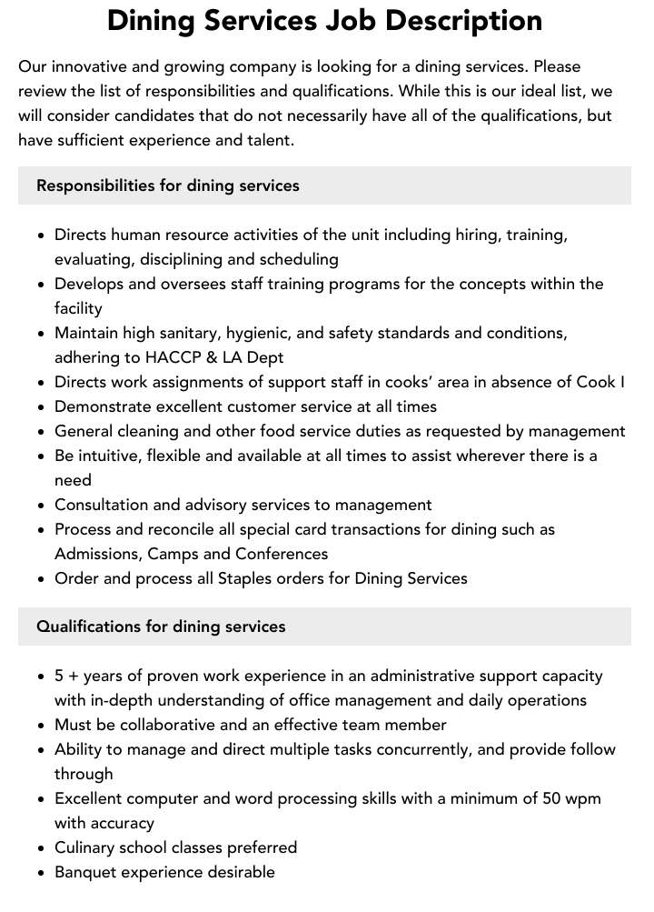 Dining Services Job Description Velvet Jobs Dining Services Job Description Velvet Jobs