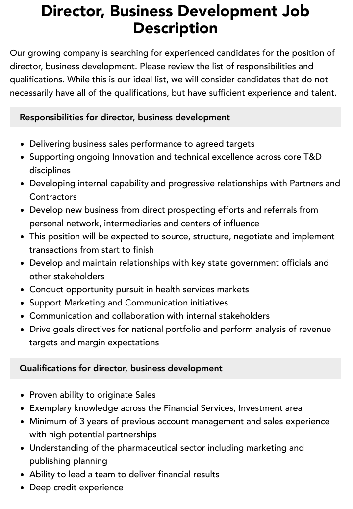 Director Business Development Job Description Velvet Jobs