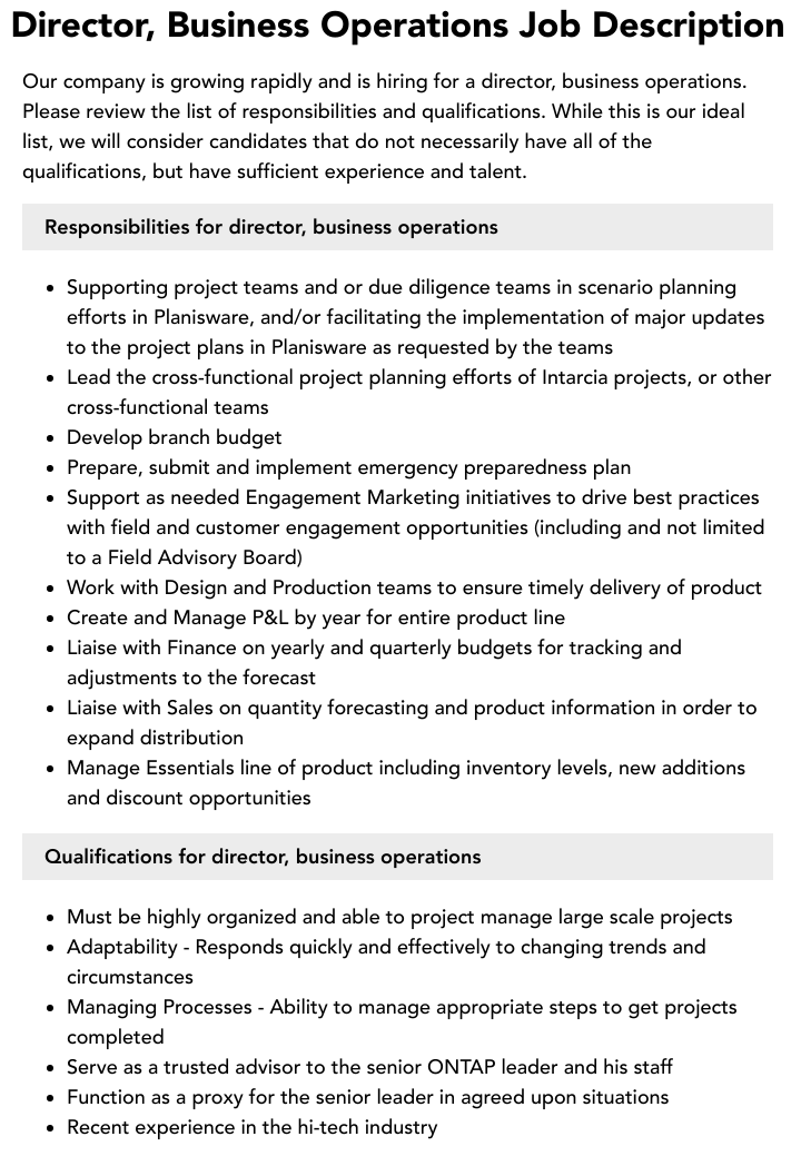 Director Business Operations Job Description Velvet Jobs