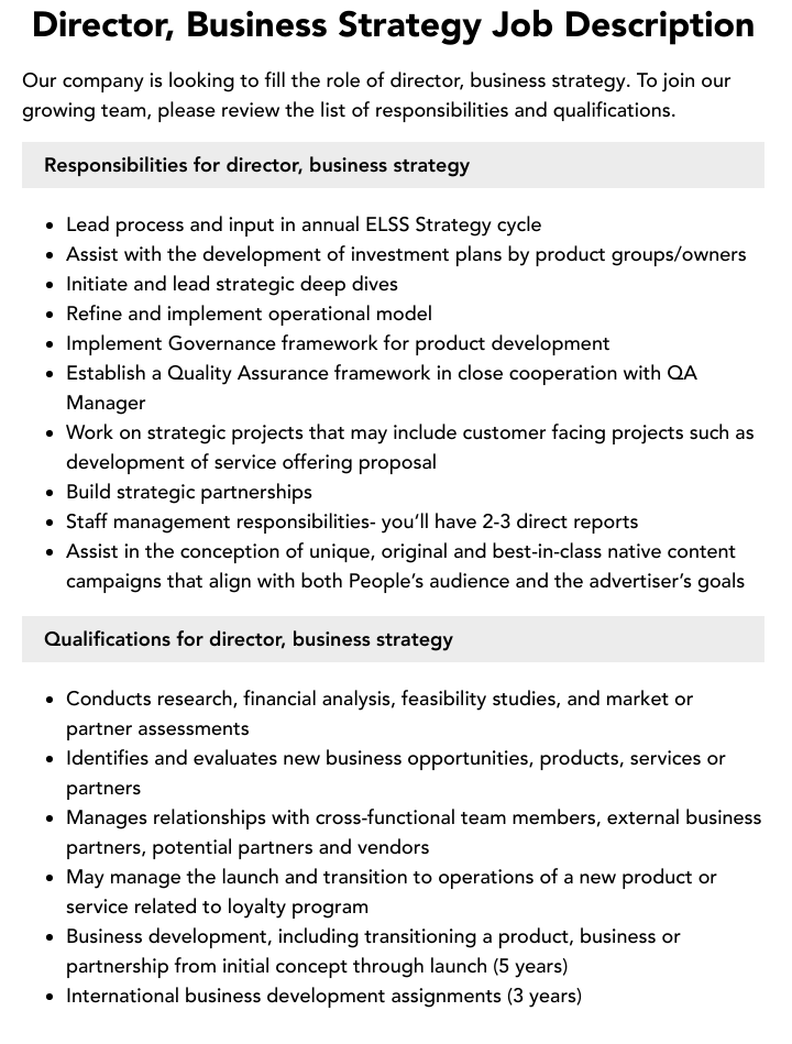 Director Business Strategy Job Description Velvet Jobs