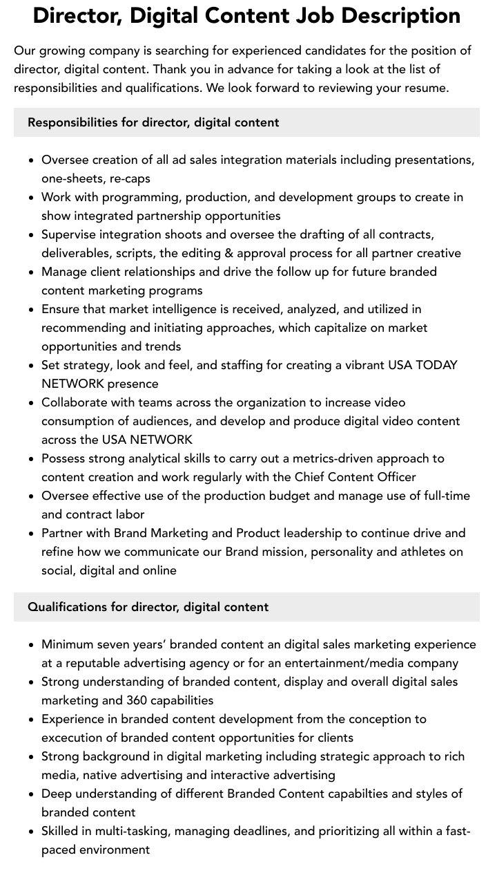 Director Digital Content Job Description Velvet Jobs Director Digital Content Job Description Velvet Jobs