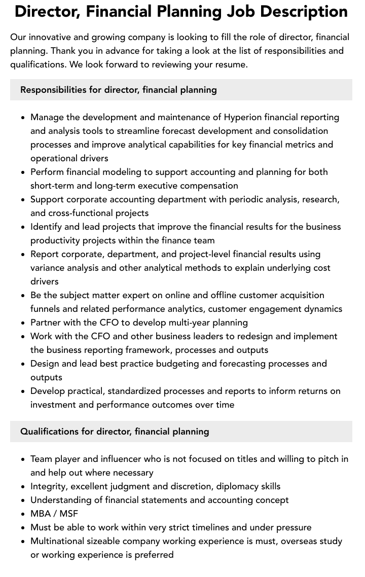 Director Financial Planning Job Description Velvet Jobs Director Financial Planning Job Description Velvet Jobs