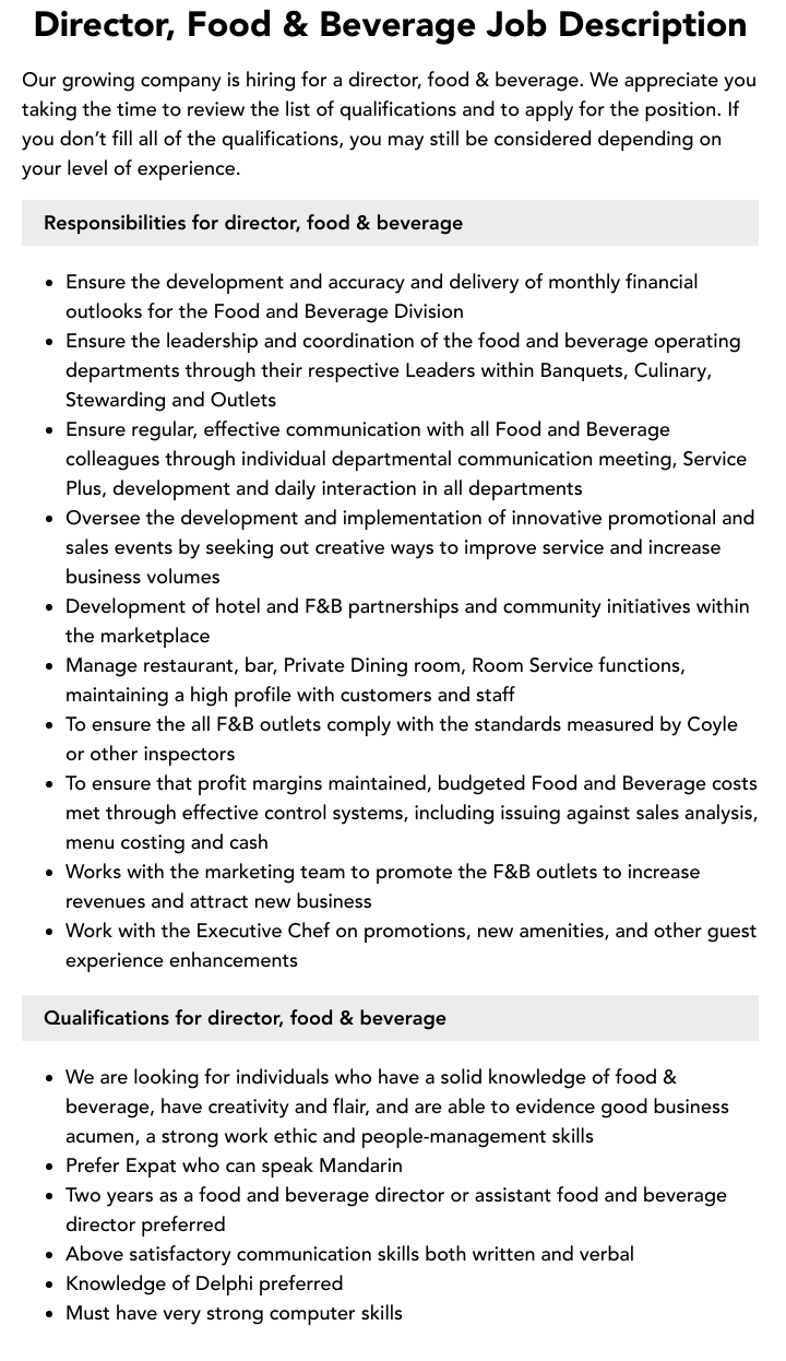 Director Food Beverage Job Description Velvet Jobs