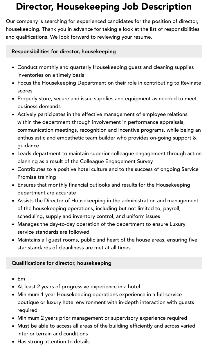 Director Housekeeping Job Description Velvet Jobs Director Housekeeping Job Description Velvet Jobs