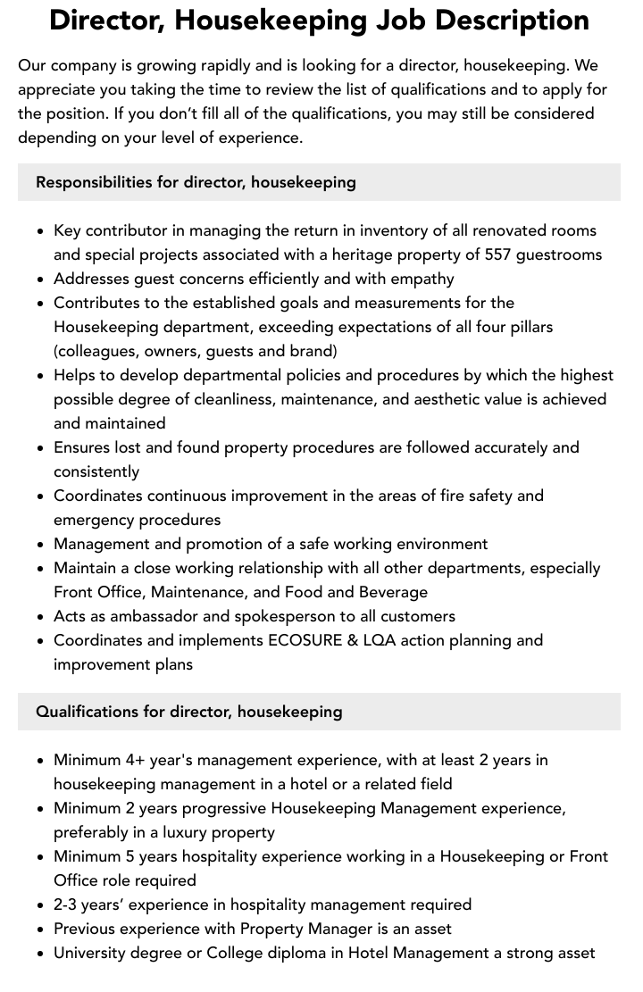 Director Housekeeping Job Description Velvet Jobs