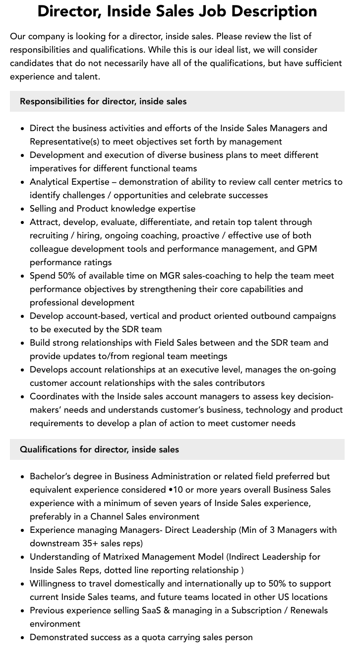 Director Inside Sales Job Description Velvet Jobs