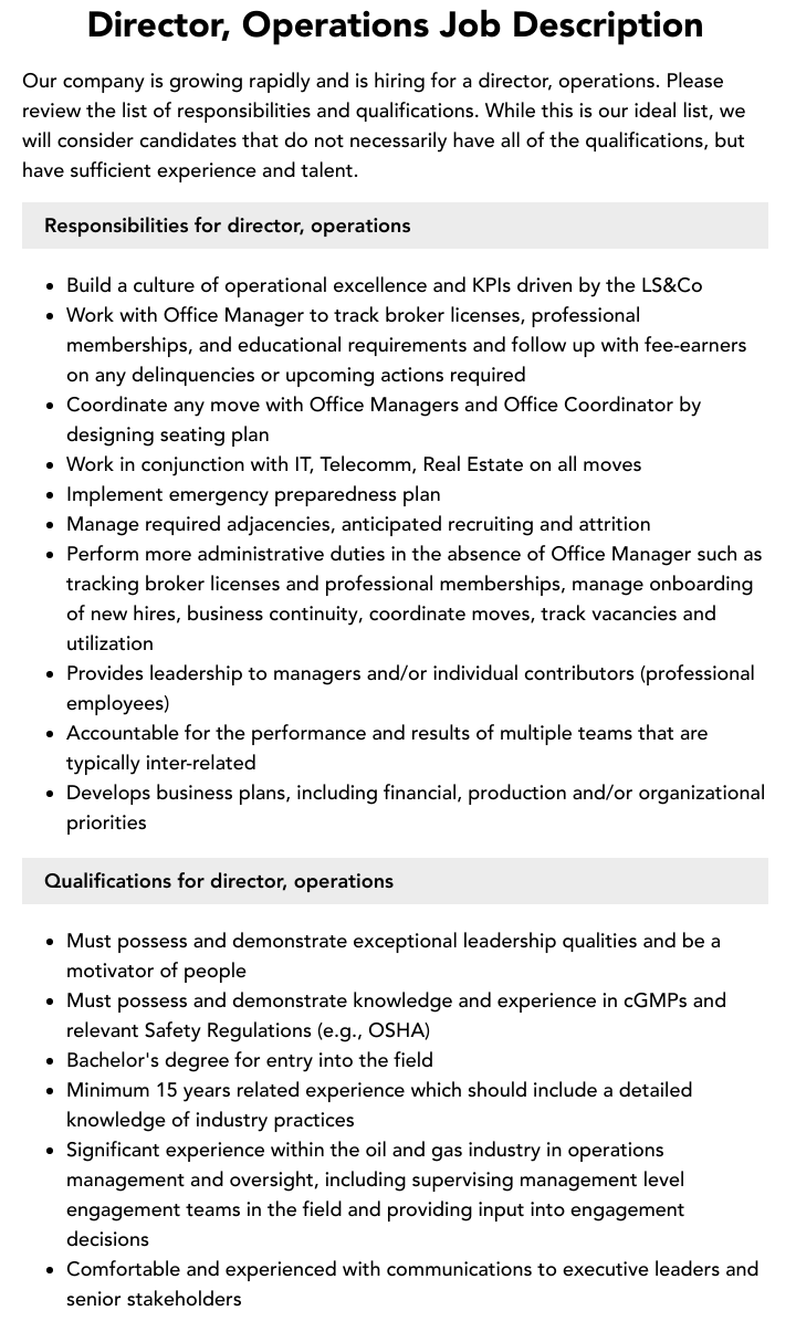 Director Operations Job Description Velvet Jobs