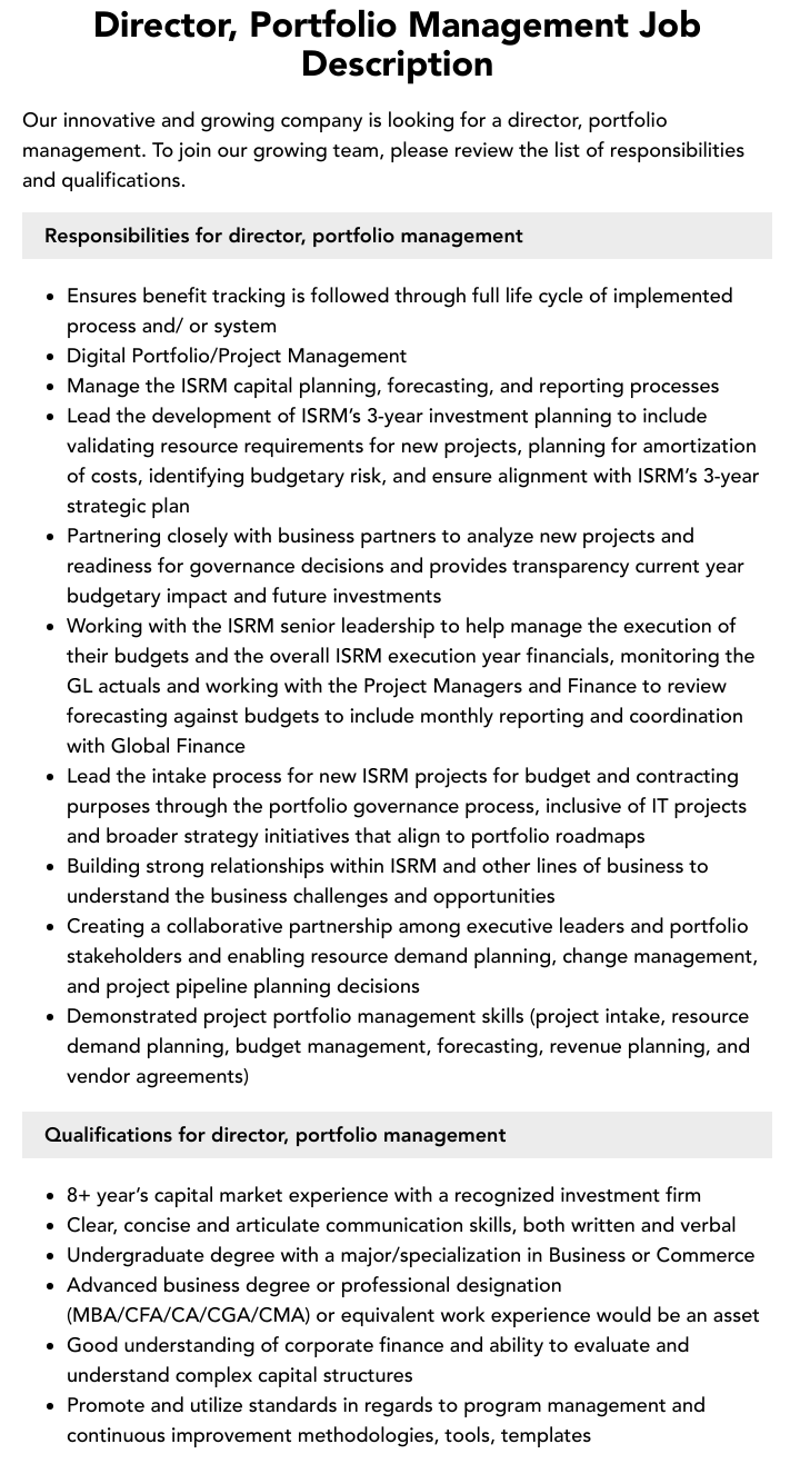Director Portfolio Management Job Description Velvet Jobs Director Portfolio Management Job Description Velvet Jobs