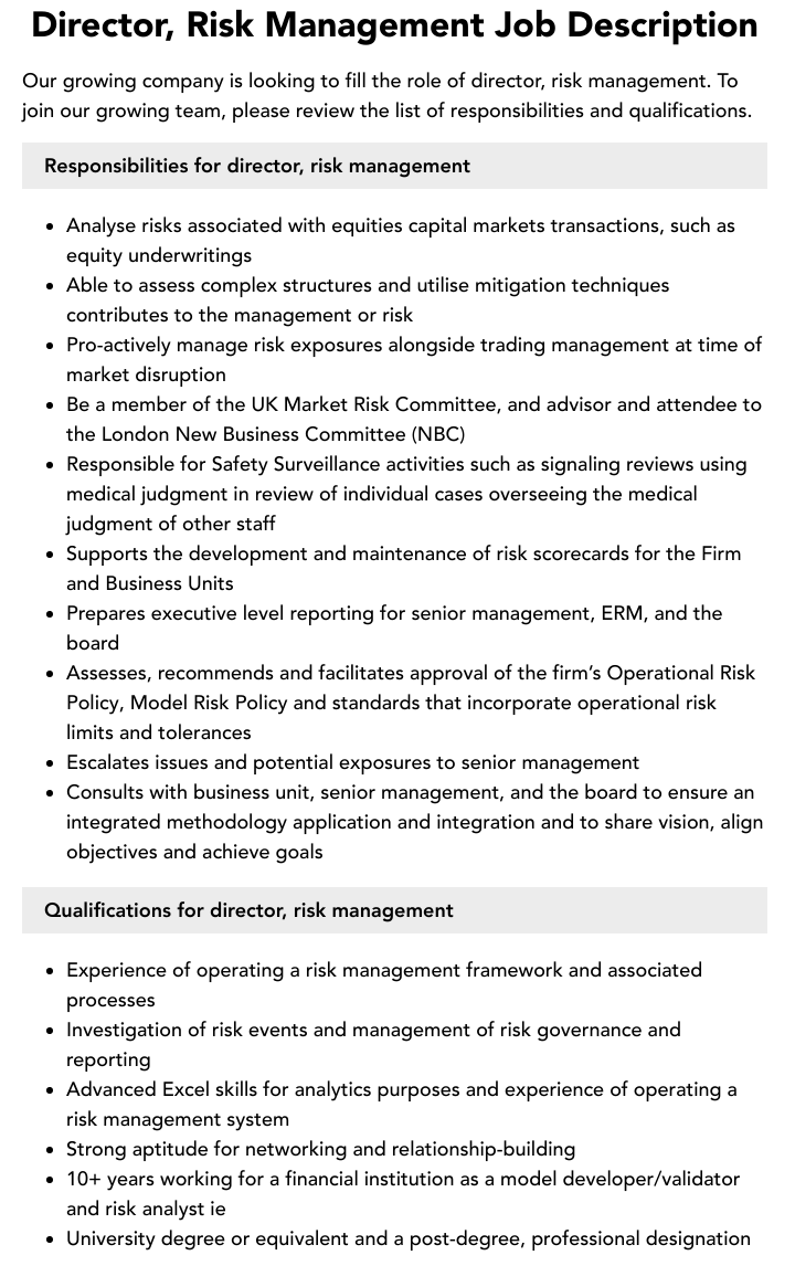 Director Risk Management Job Description Velvet Jobs Director Risk Management Job Description Velvet Jobs