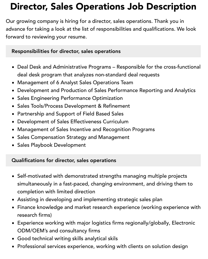 Director Sales Operations Job Description Velvet Jobs