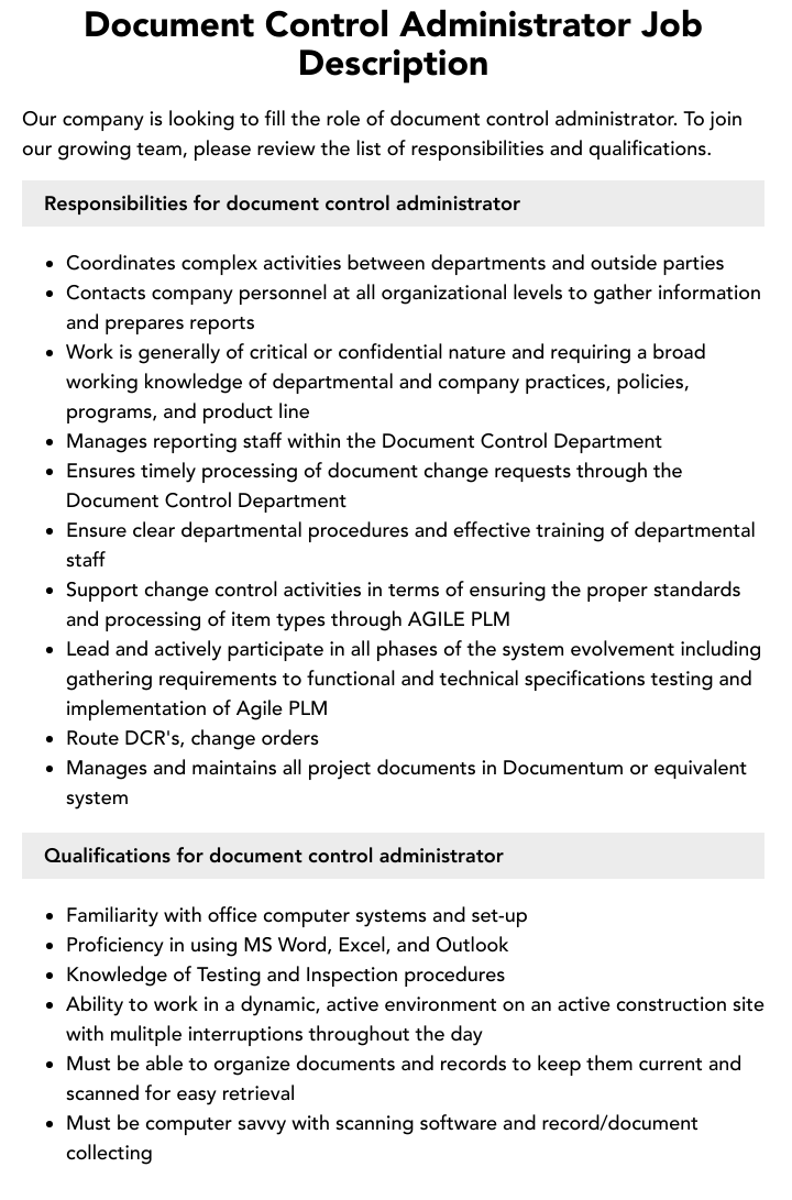 Document Control Administrator Job Description Velvet Jobs