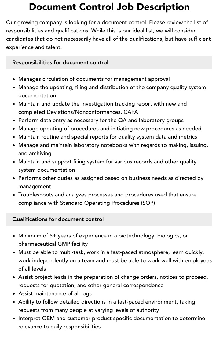 Document Control Job Description Velvet Jobs