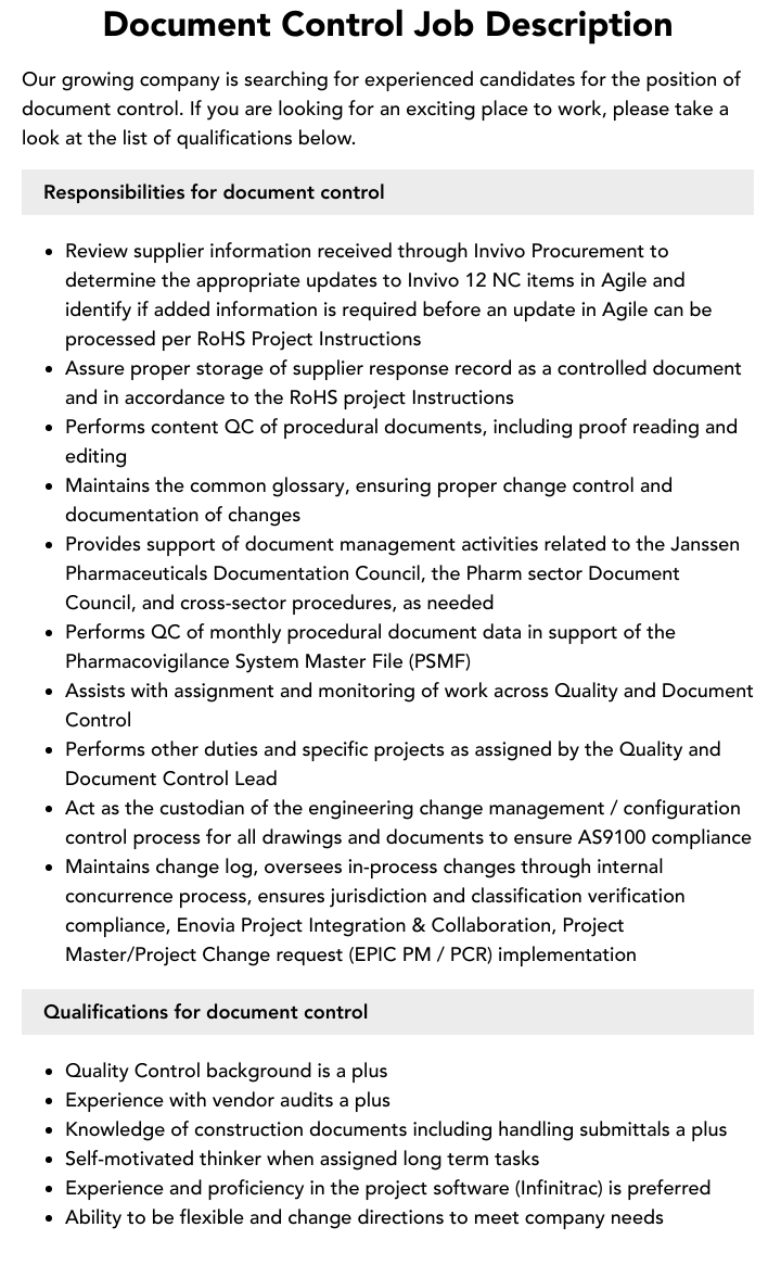 Document Control Job Description Velvet Jobs