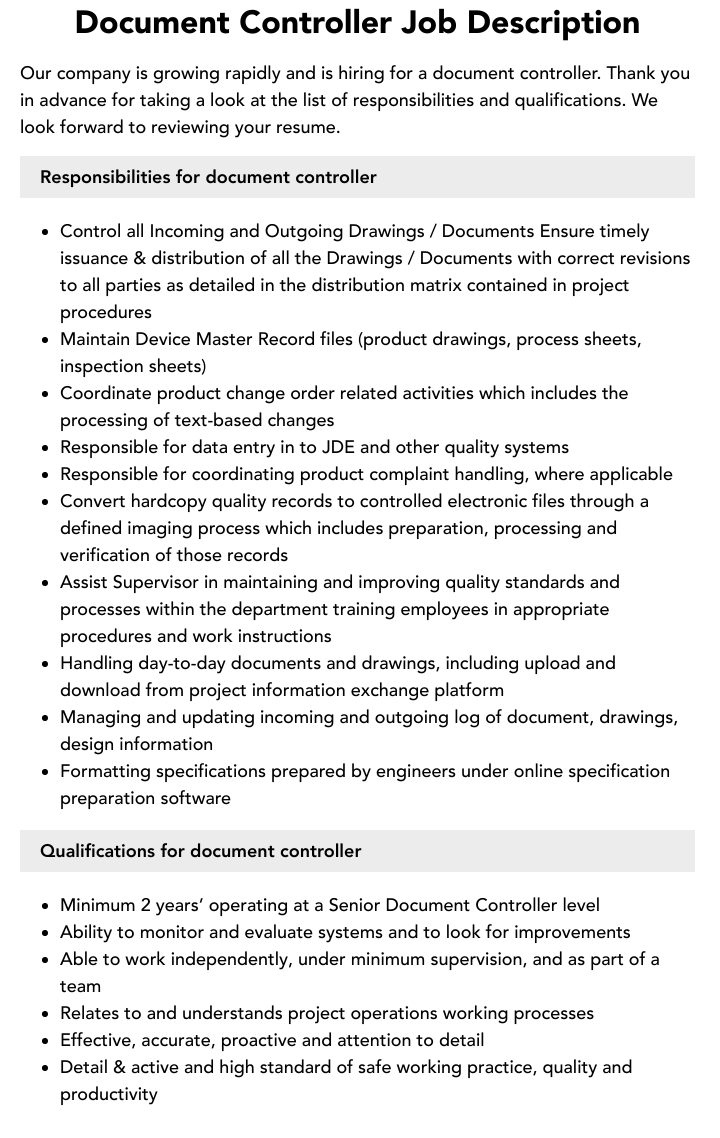 Document Controller Job Description Velvet Jobs