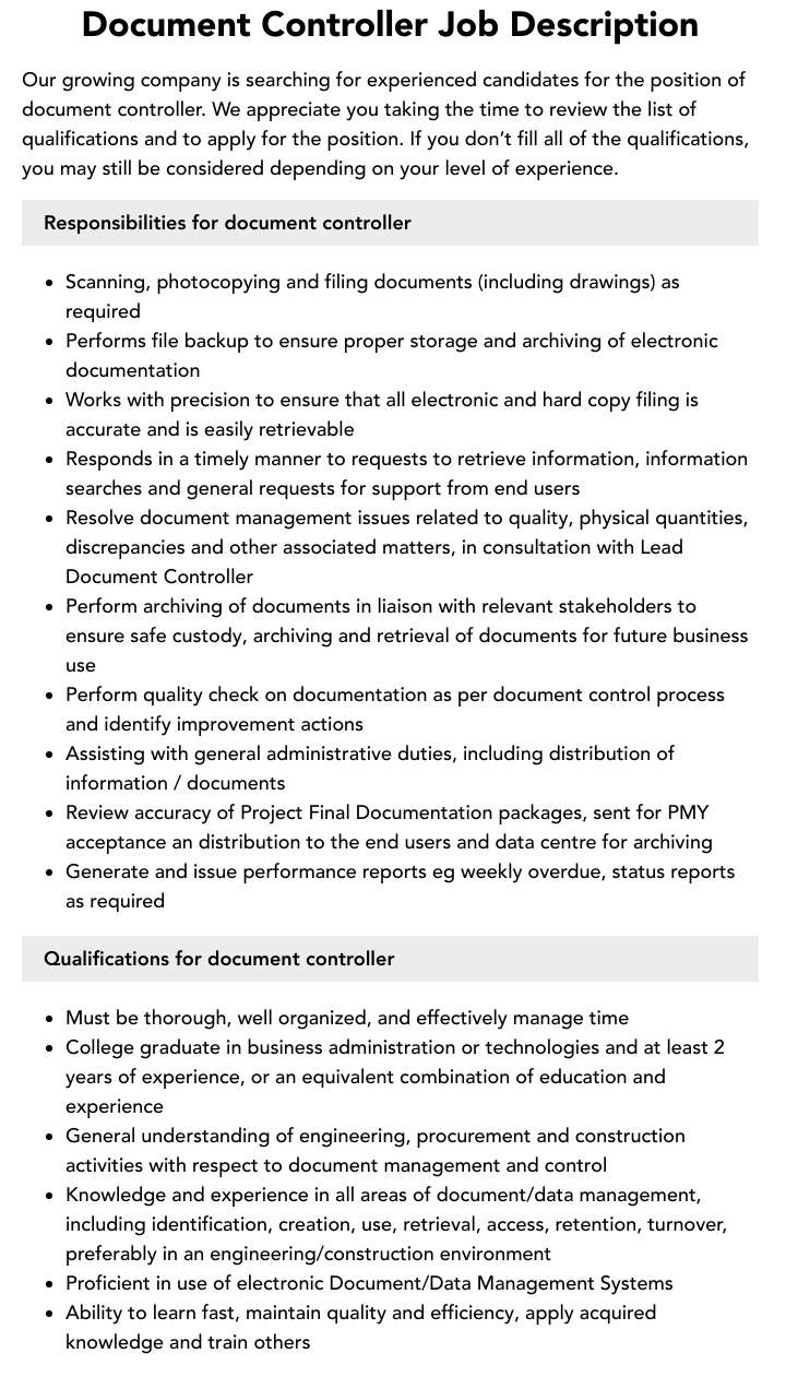 Document Controller Job Description Velvet Jobs