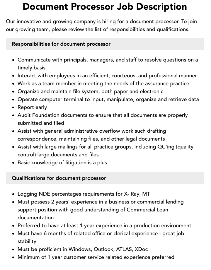 Document Processor Job Description Velvet Jobs