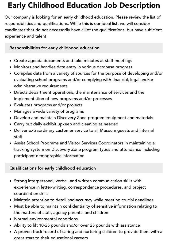 Early Childhood Education Job Description Velvet Jobs