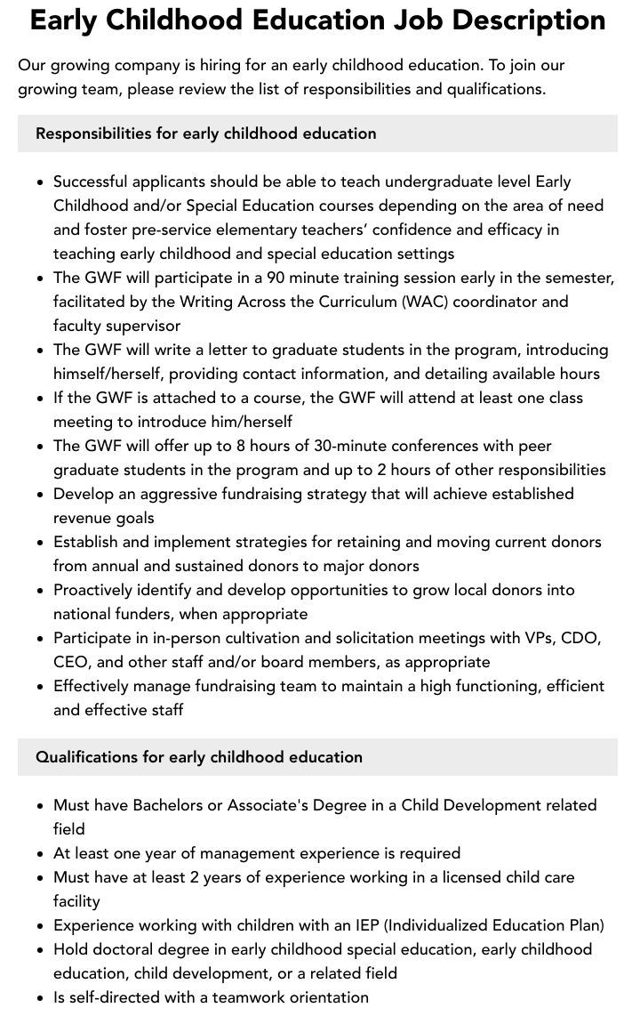 Early Childhood Education Job Description Velvet Jobs