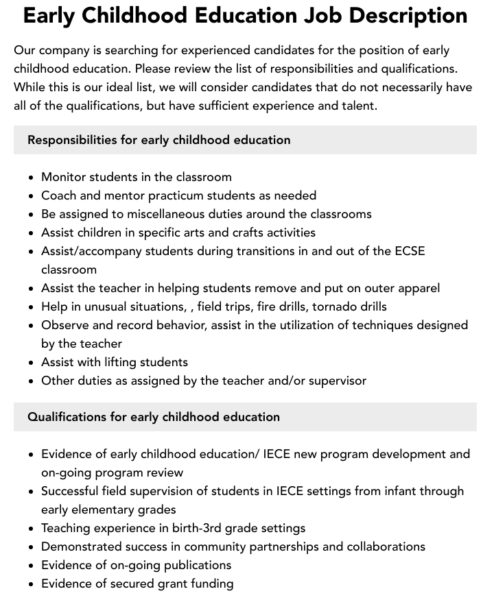 Early Childhood Education Job Description Velvet Jobs