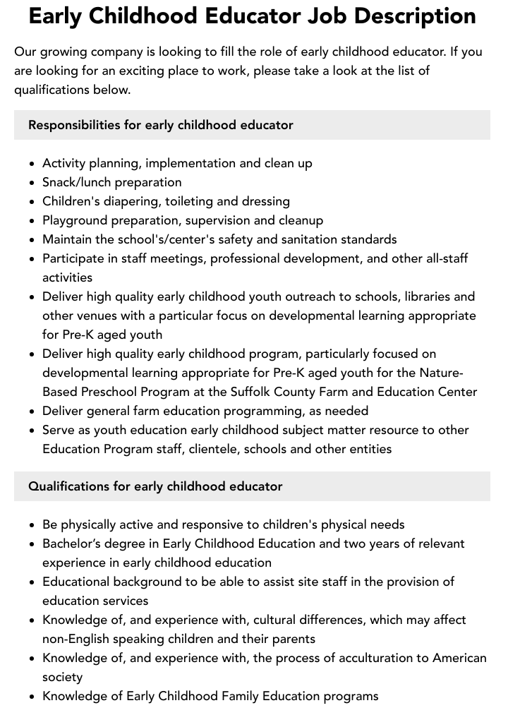 Early Childhood Educator Job Description Velvet Jobs