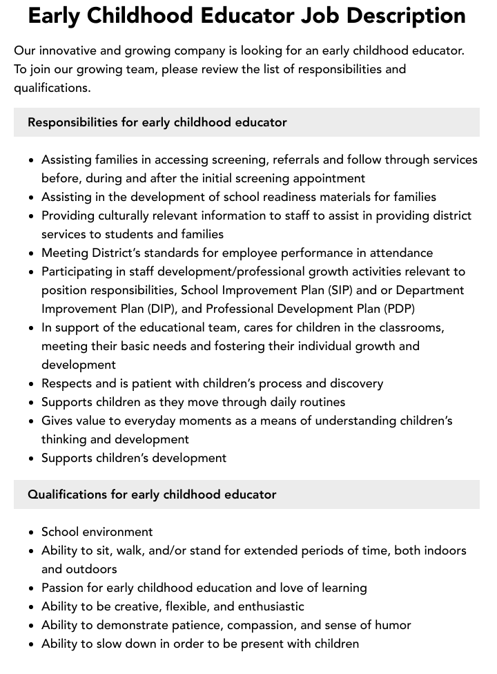  Early Childhood Educator Job Description Velvet Jobs