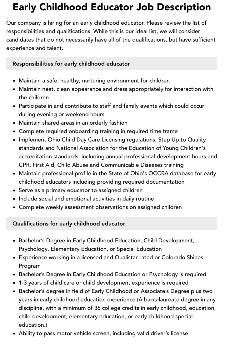 Early Childhood Educator Job Description Velvet Jobs Early Childhood Educator Job Description Velvet Jobs