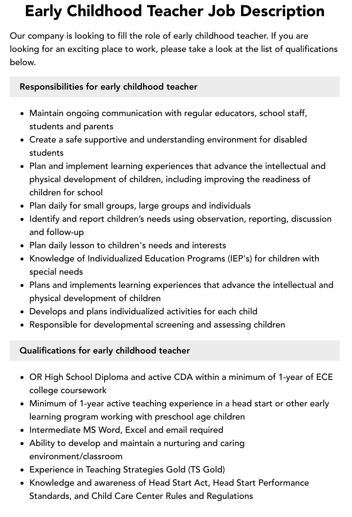  Early Childhood Teacher Job Description Velvet Jobs