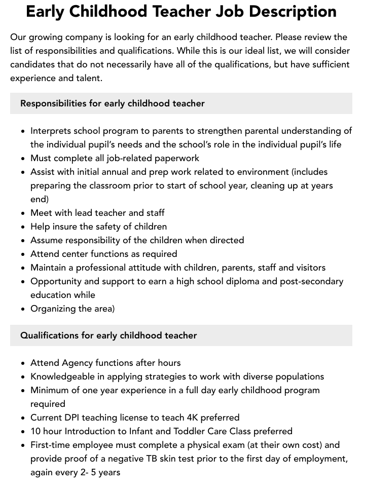  Early Childhood Teacher Job Description Velvet Jobs