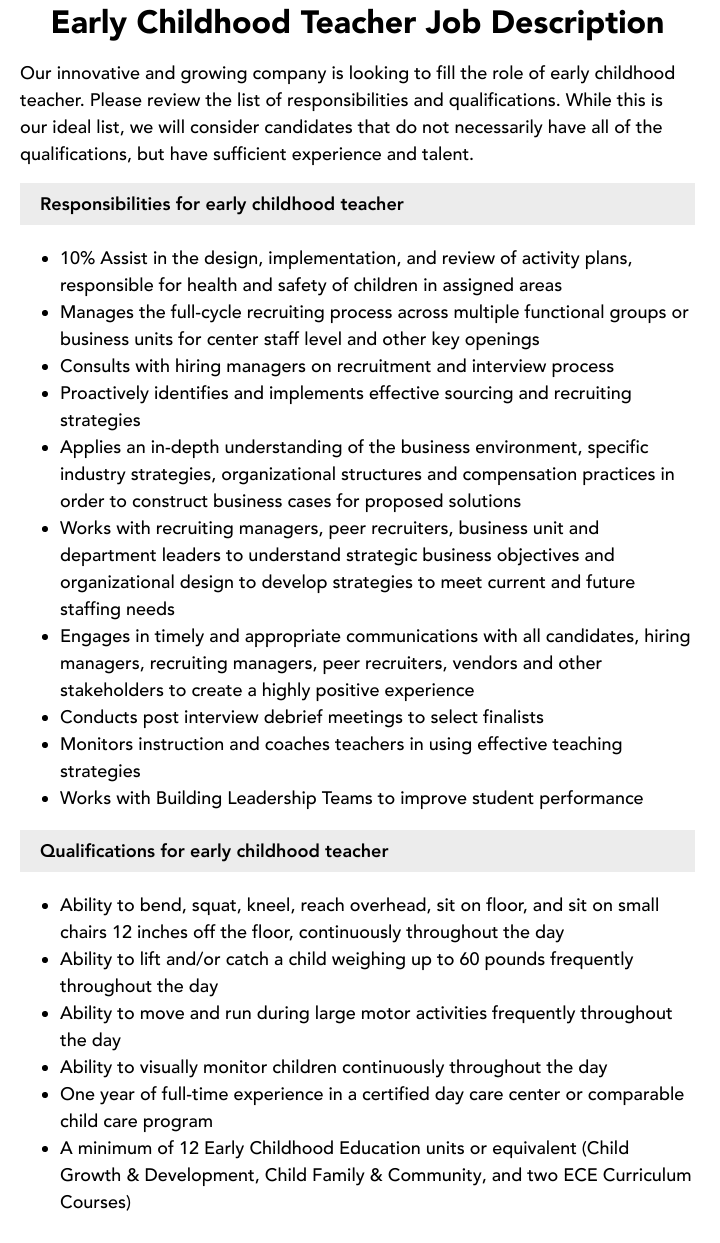Early Childhood Teacher Job Description Velvet Jobs