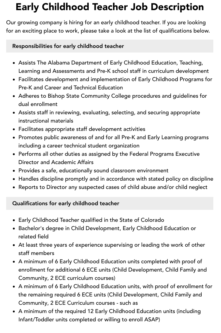 Early Childhood Teacher Job Description Velvet Jobs